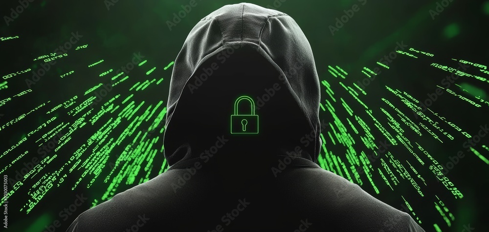 A hacker in a dark room facing a wall of encrypted data, with green code raining down but a ...