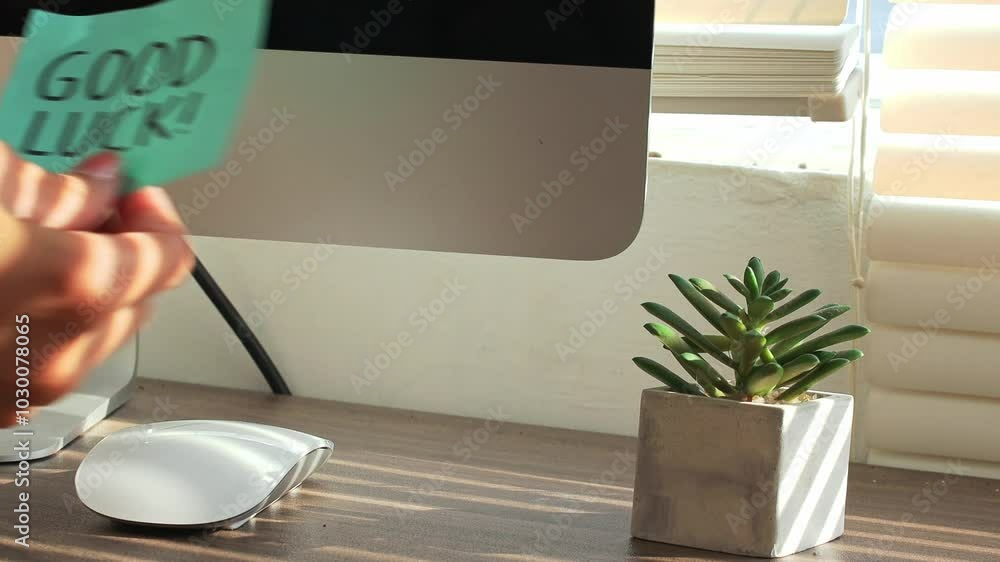 Woman Hand Pulling Sticky Notes With Text Good Luck From Computer At ...