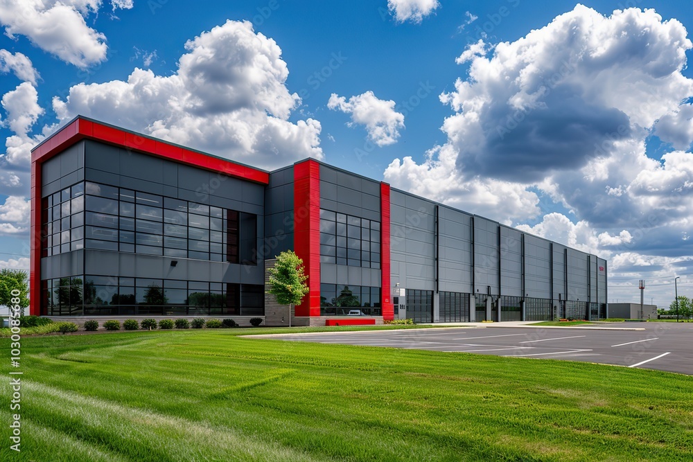 Modern warehouse facade on a sunny day, distribution center. Industrial ...