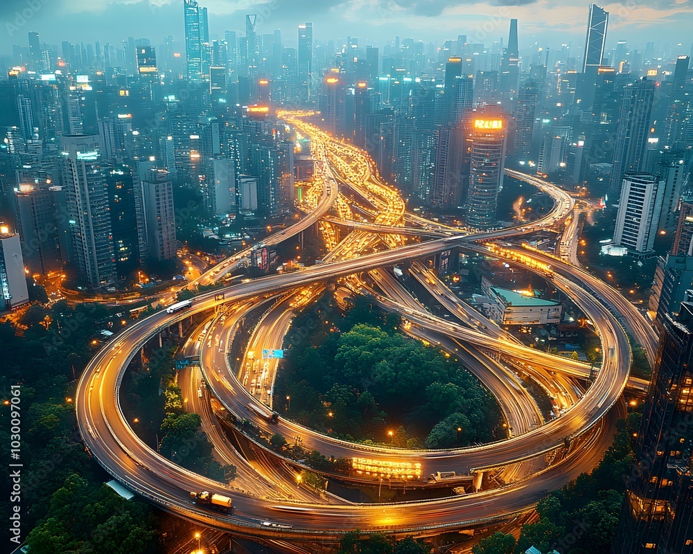 Top view of the expressway at night Take photos using the long exposure ...