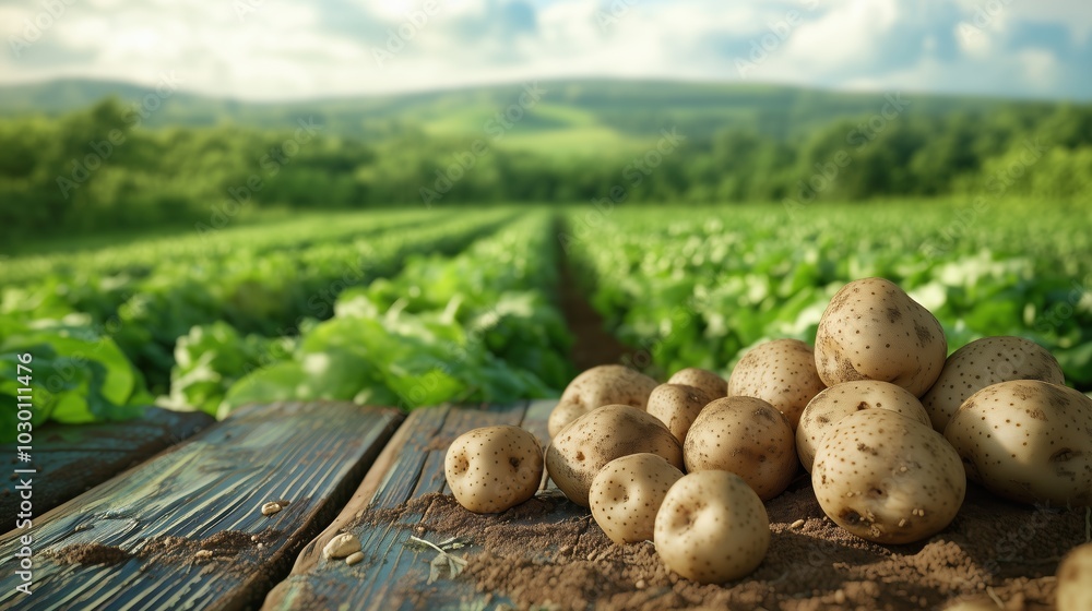 Freshly harvested potatoes lie on a rustic wooden table, with lush ...