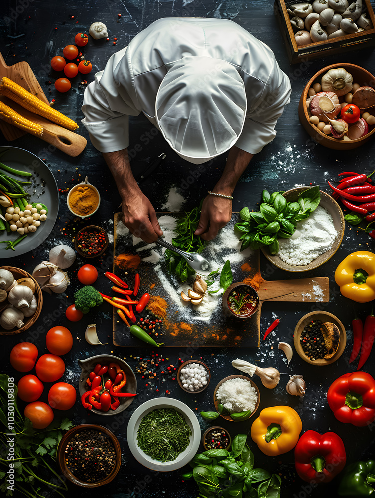 Top view of a chef cutting vegetables. The chef is wearing a white chef ...