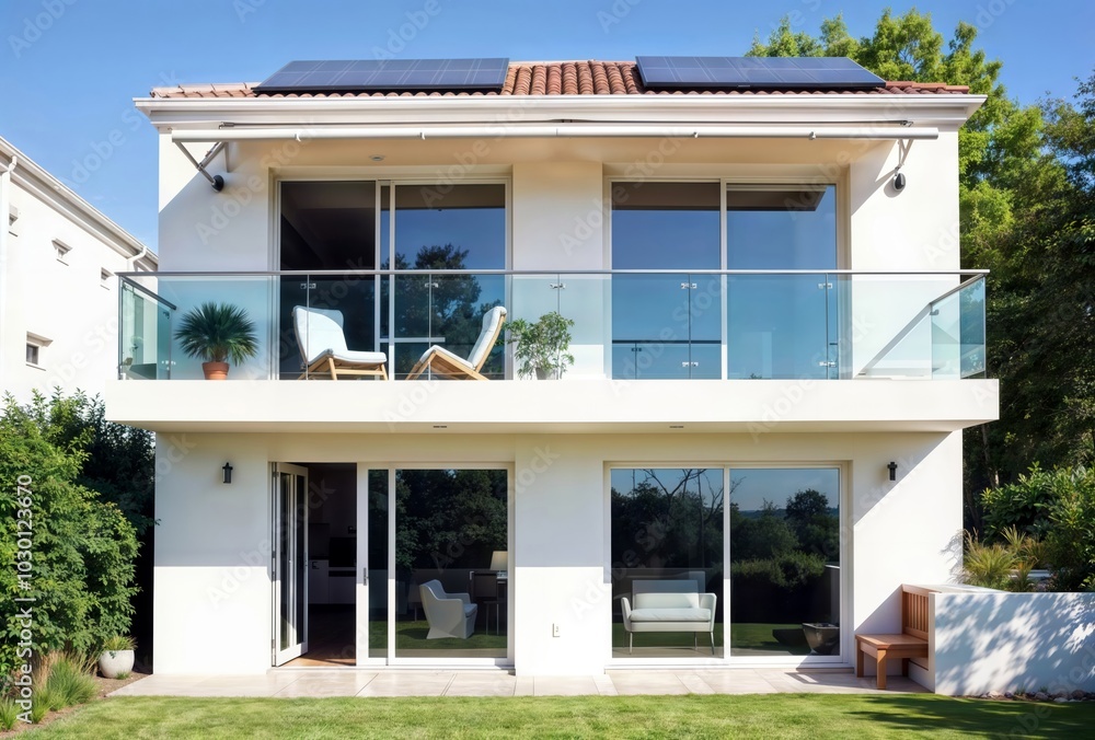 Mediterranean Solar Villa. Modern white two-story villa with rooftop ...