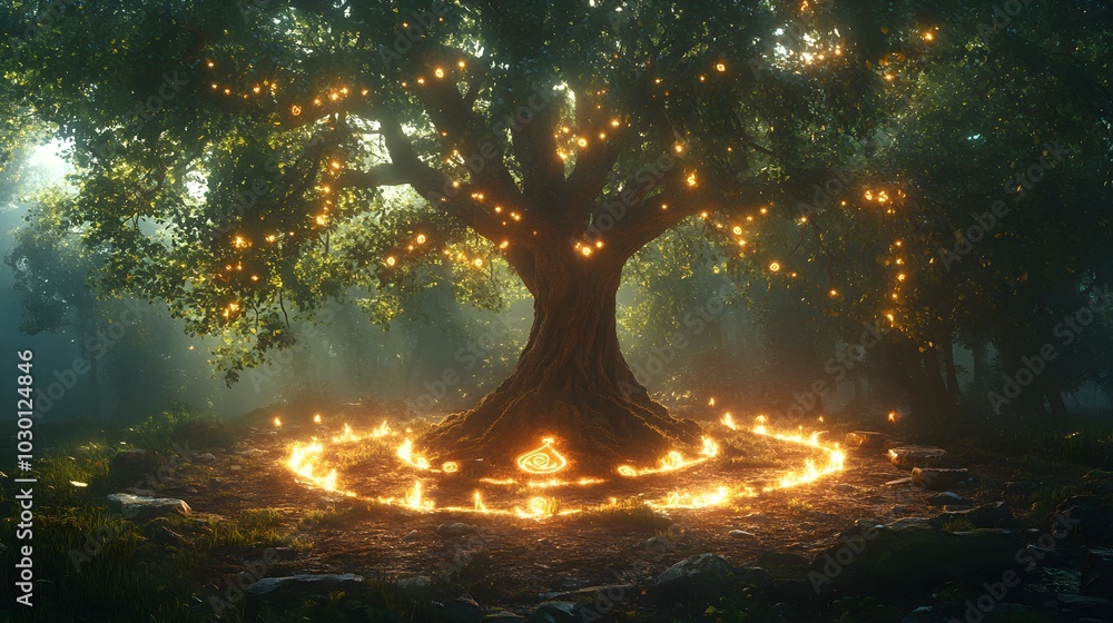 A circle of elves channeling magical energy, ancient tree at the center ...