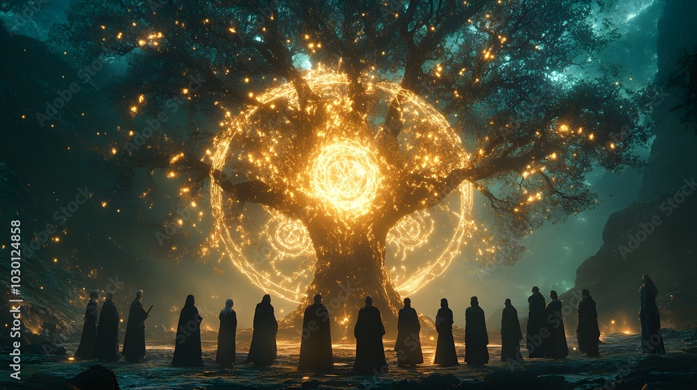 A circle of elves channeling magical energy, ancient tree at the center ...