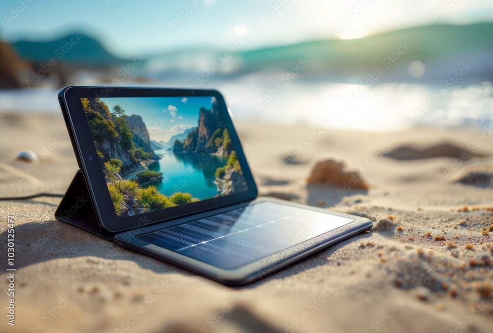 Solar-powered tablet on beach. A tablet with a built-in solar panel ...