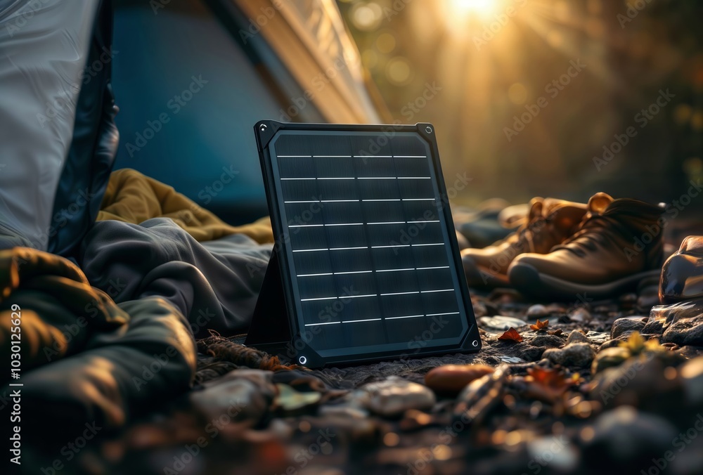 Portable solar panel at campsite. A portable solar panel is set up near ...
