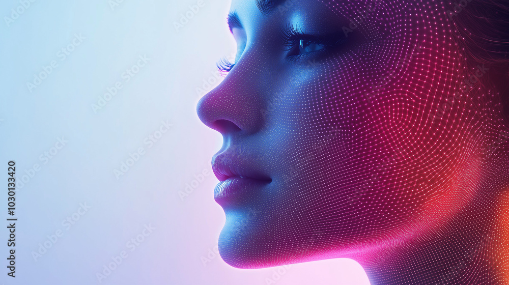 Futuristic digital face portrait, Neon light technology on human ...