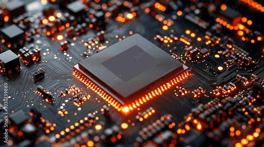 Close-up of a circuit board with glowing LEDs, highlighting the CPU and other components ...