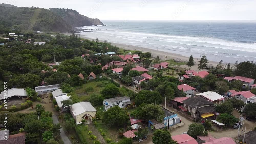 Aerial of town of Ayampe, Ecuador. Coastal beaches, jungle beach town ...