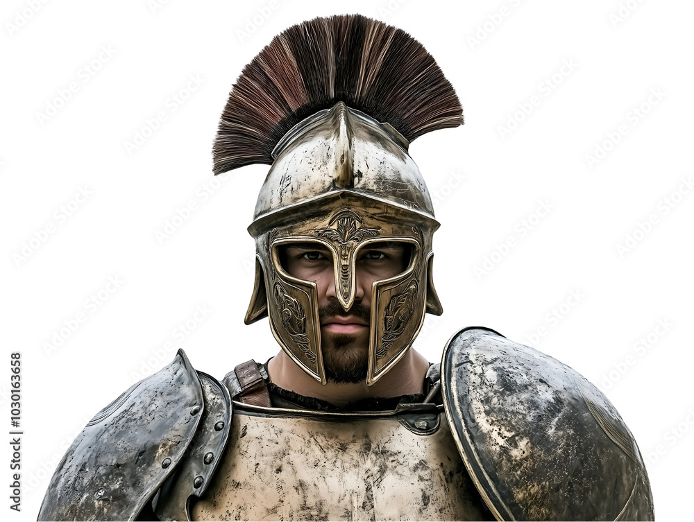 front view of a spartan warrior in ancient greek armor with plumed ...