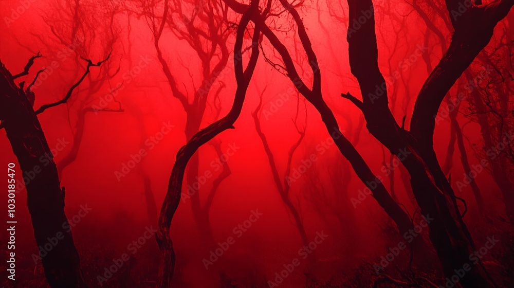 Twisted Branches in Red Mist, an eerie forest scene, dark silhouettes ...