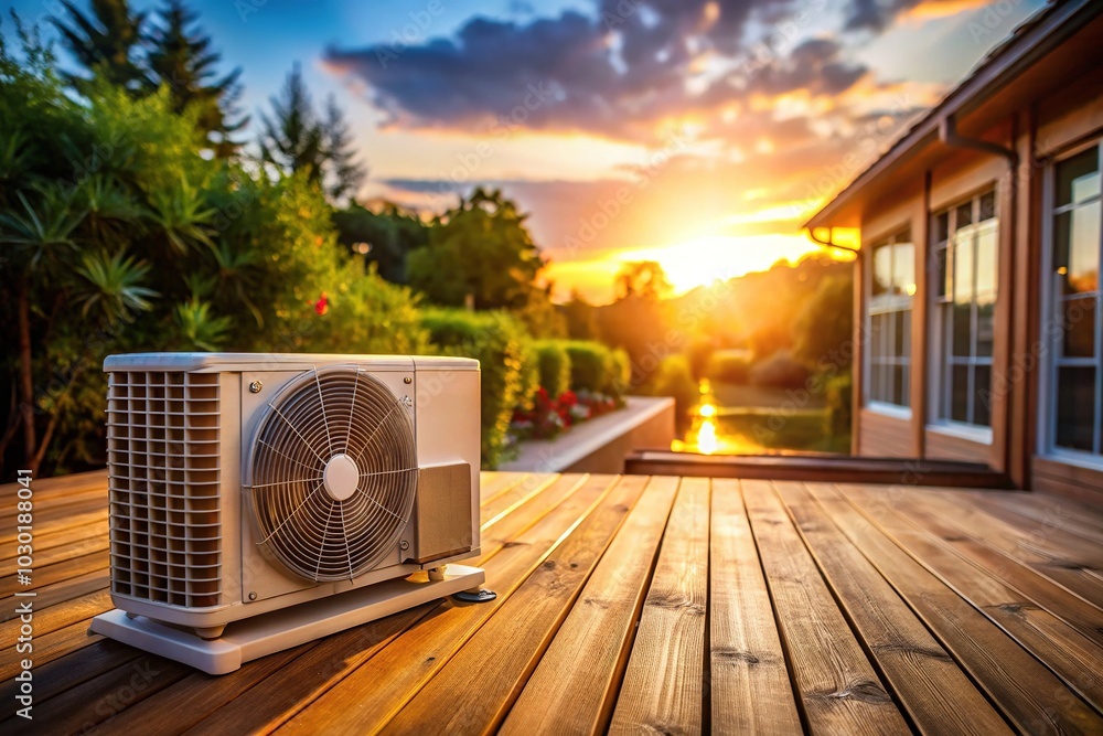 Tilt-Shift Photography of HVAC Unit on Wooden Terrace at Golden Hour â ...