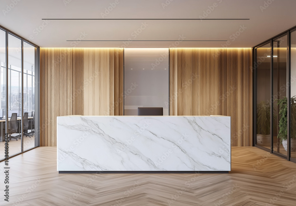 Modern office space with a white and wood color palette, a reception ...