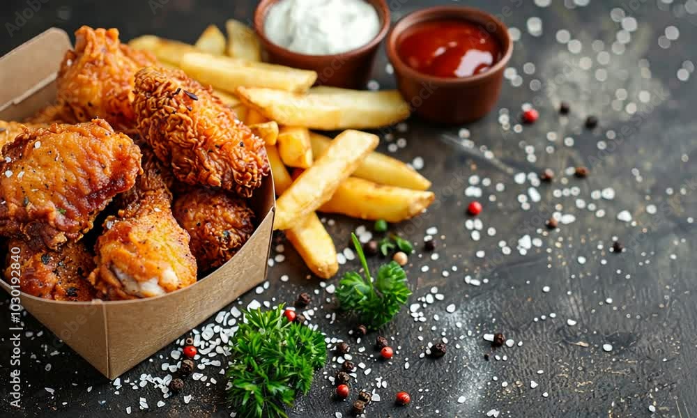 A delicious serving of fried chicken wings with fries and dipping ...