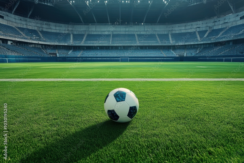 A single soccer ball rests on a lush green field within an empty ... A single soccer ball rests on a lush green field within an empty ...