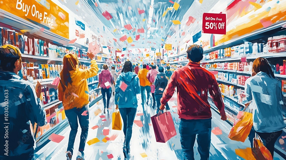 A chaotic yet vibrant shopping frenzy scene, people grabbing products ...