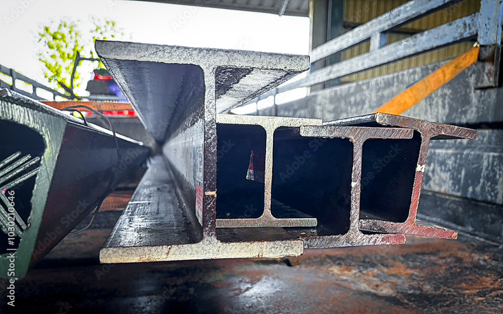 Metal profile beam in packs at the warehouse of metal products.Steel I ...
