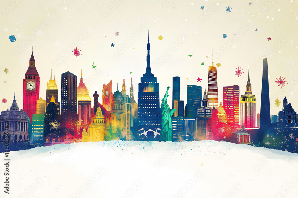 Vibrant illustration showing famous buildings from cities around the ...