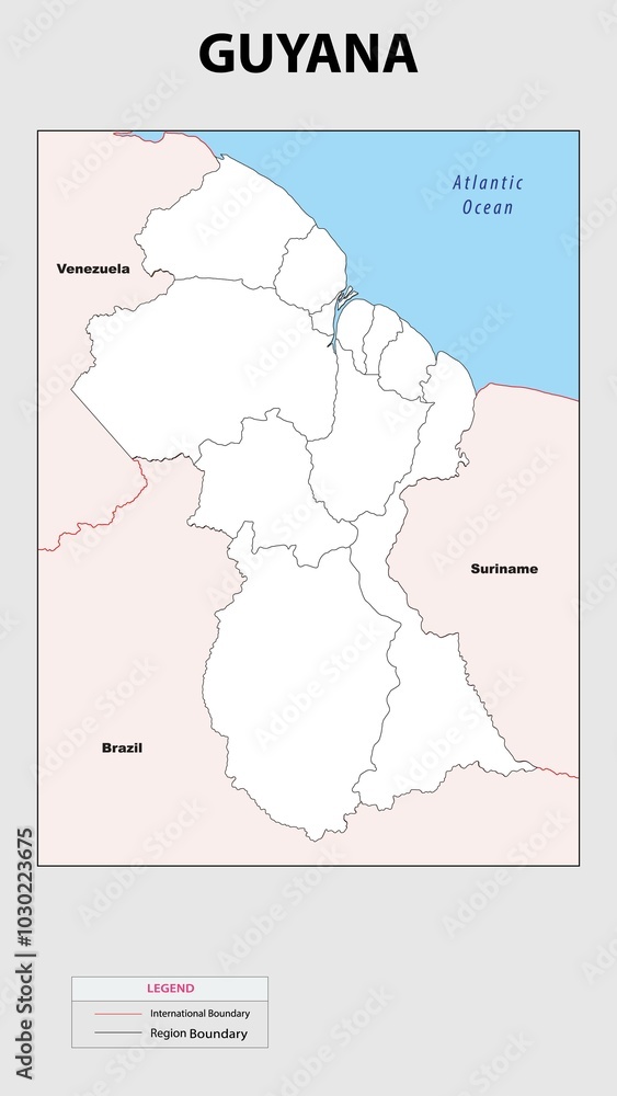 Guyana Map. Political map of Guyana with state border in outline ...