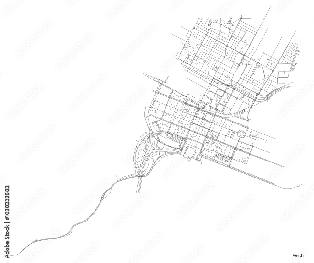 Perth city map with roads and streets, Australia. Vector outline ...