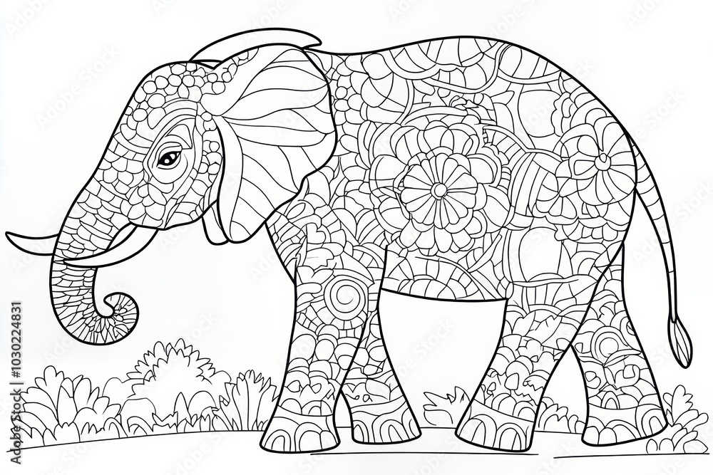 Adult Elephant With Trunk Down, Side View, Mandala Style, Coloring Page ...