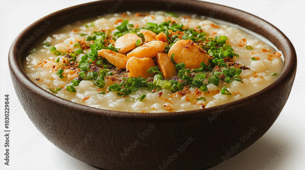 Chinese congee, rice porridge with toppings, isolated on white ...
