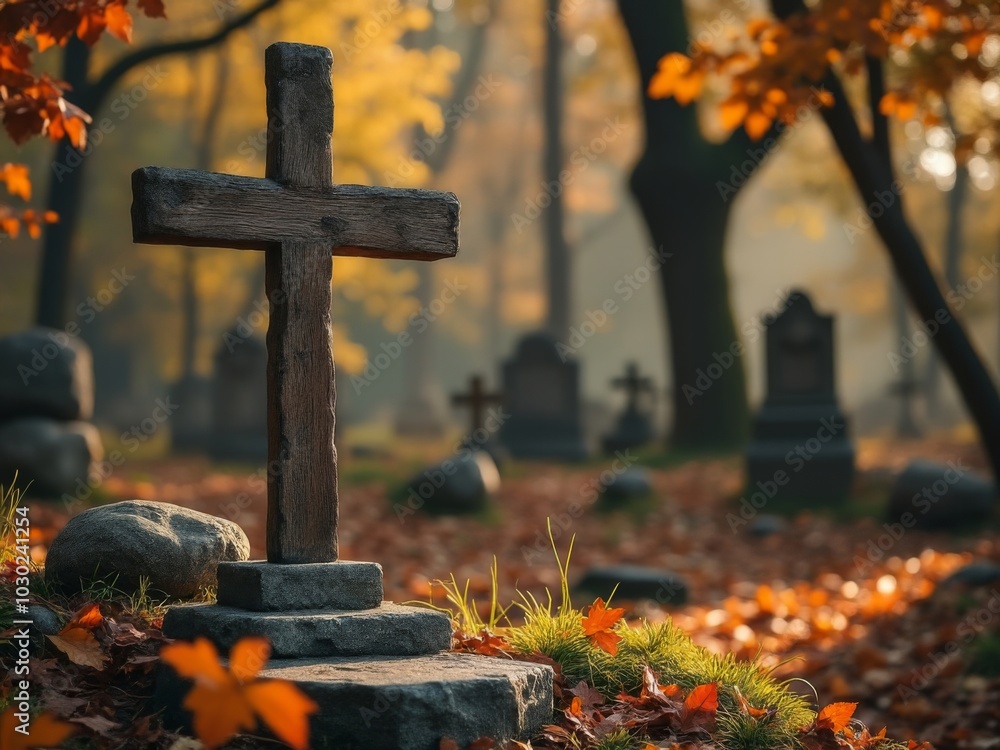 Rustic wooden cross in an autumn cemetery surrounded by gravestones ...