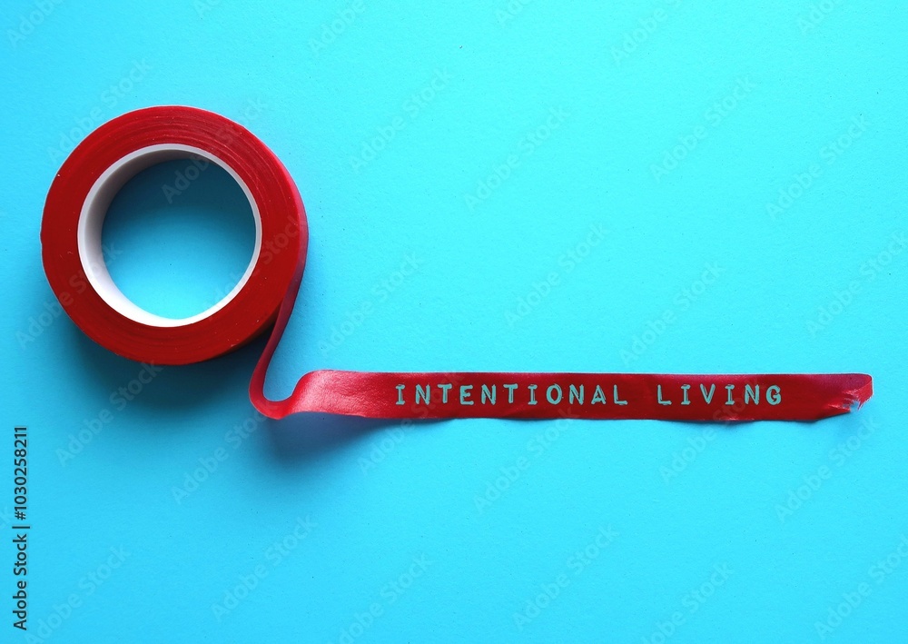 Red tape on blue background with words INTENTIONAL LIVING, means ...