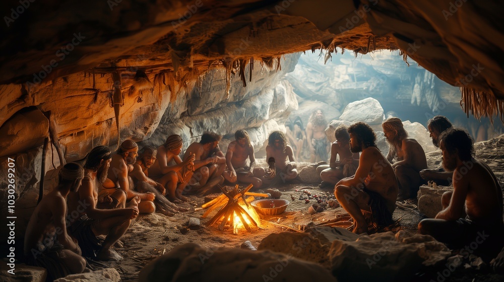 Cave people gather around a flickering fire in a dim cave, sharing ...