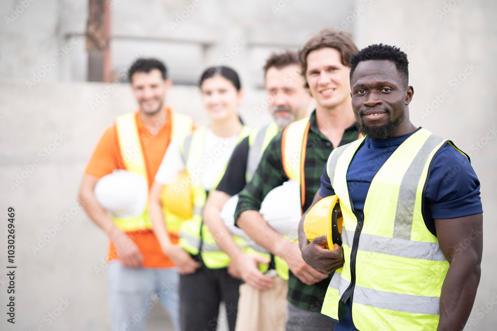 Young black engineer holding hat looking at camera with smile at work ...