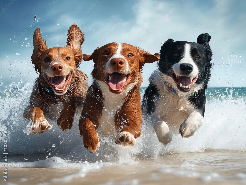 Three dogs, two golden retrievers and one black labrador mix, excitedly ...