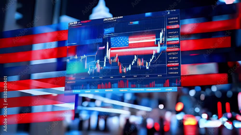A close-up of a stock market chart showing red and blue lines. The ...
