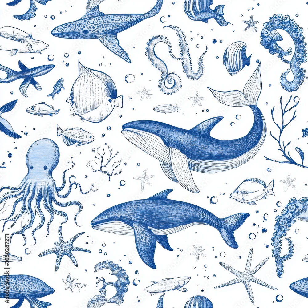 Pattern of blue lines, illustrations of sea creatures, whales and ...