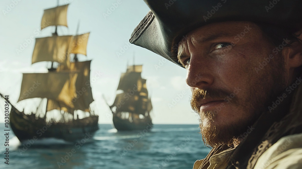 epic pirate standoff rugged captain faces two majestic ships dramatic ...