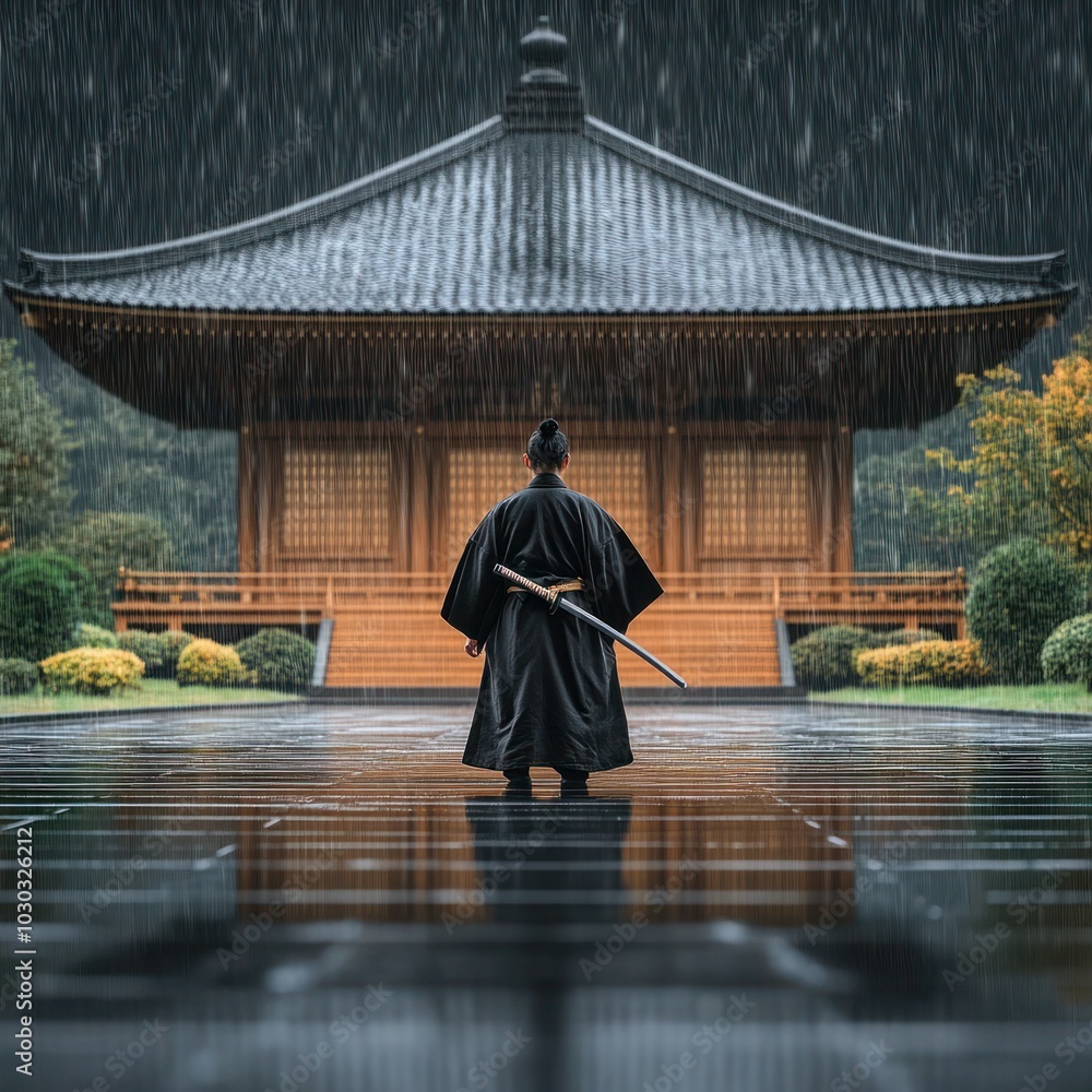 Samurai Warrior with Sword at Japanese Temple Shrine on Rainy Day Stock ...