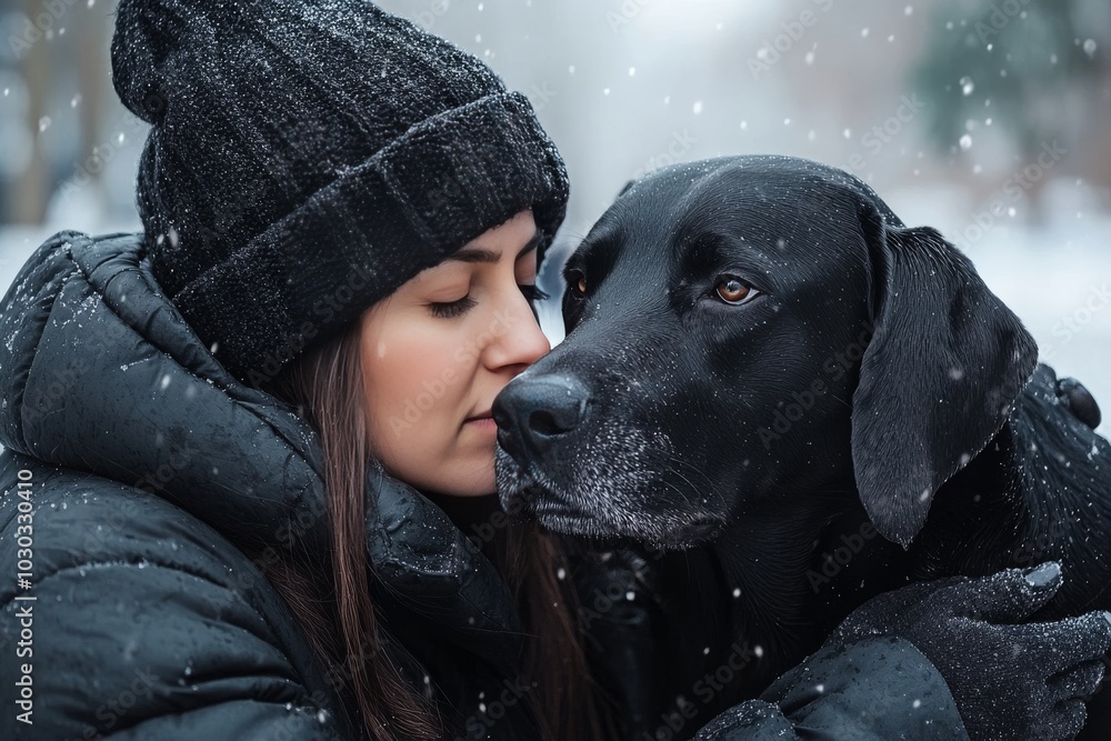 Woman in a winter coat gently kissing her black Labrador during a snowy ...