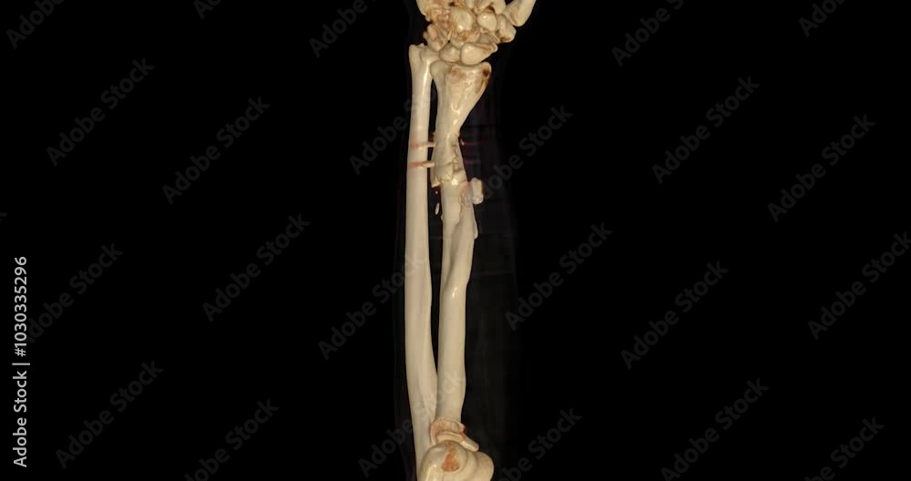 CT scan 3D of a human forearm showing the radius and ulna bones. There ...
