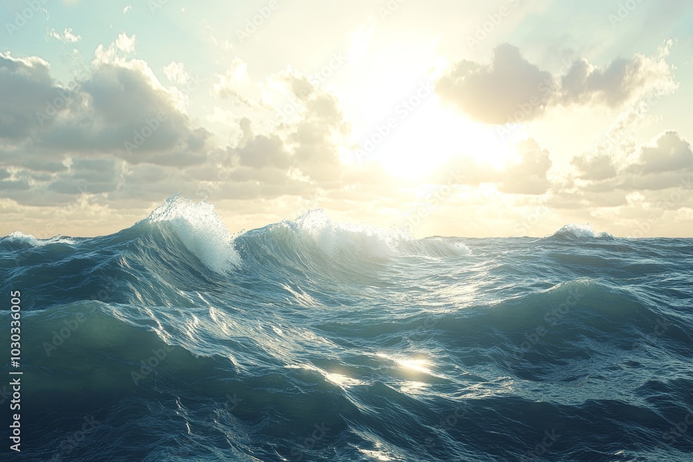 A grand realistic view of the sea. The beam of sunlight slanted across ...