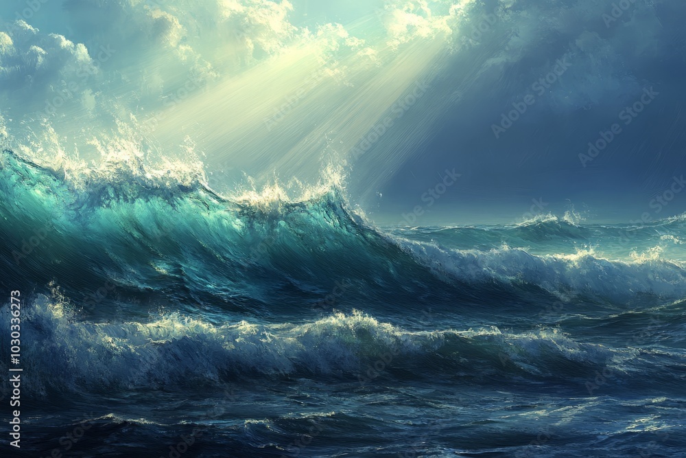 A grand realistic view of the sea. The beam of sunlight slanted across ...