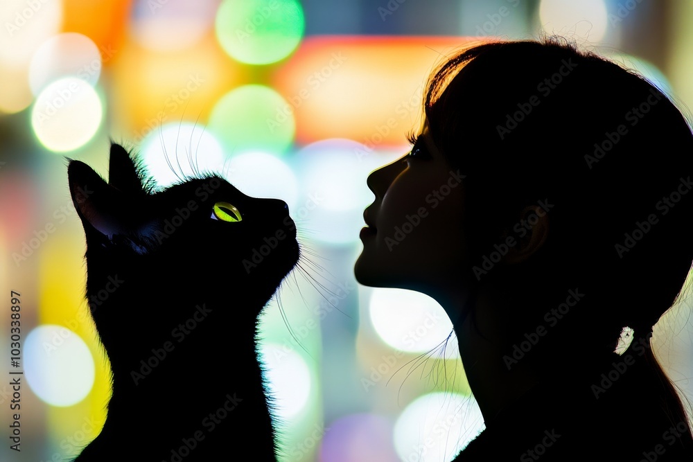Silhouette of a woman kissing a black cat against vibrant colorful ...