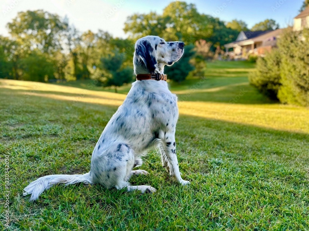 Setter Llewellyn standing, lying down, guarding and looking away in ...
