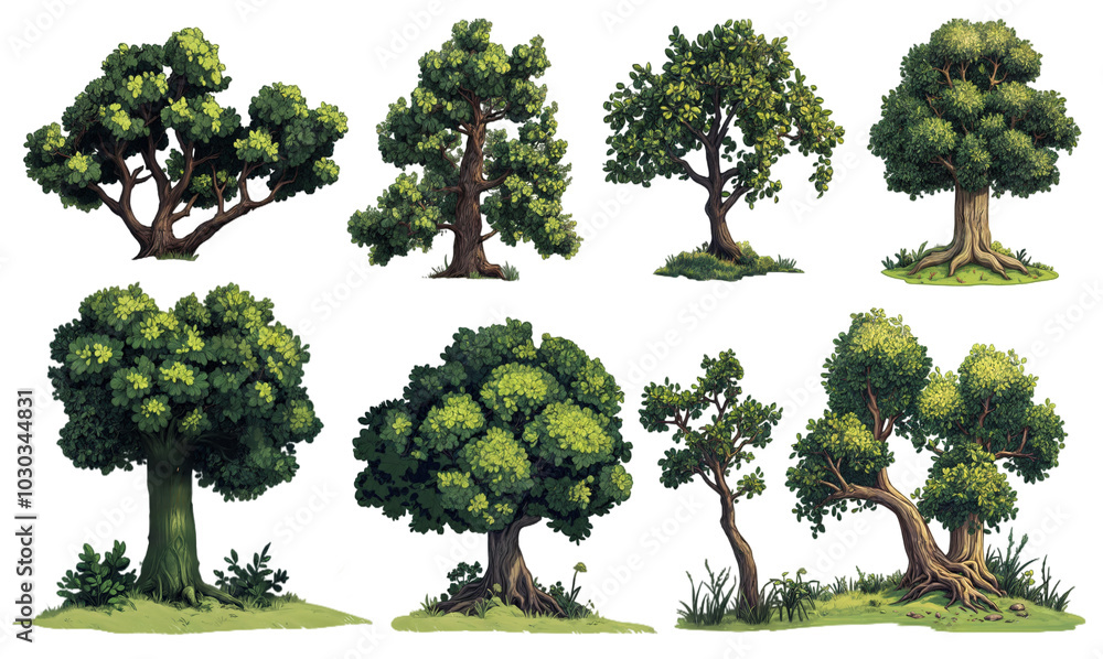 ภาพประกอบสต็อก Collection of Drawn Tree Illustrations Isolated on ...