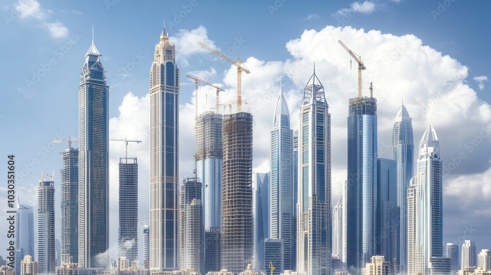 Urban skyline with a mix of completed skyscrapers and buildings under ...