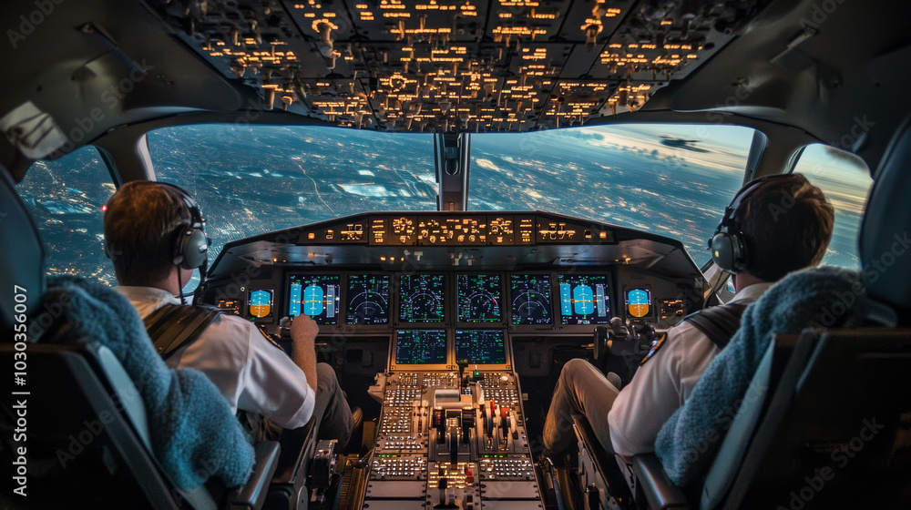 This illustration depicts a general view of the cockpit of a commercial ...