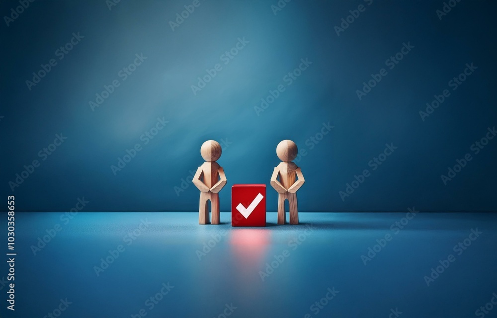 Two wooden figures stand opposite each other on a blue surface with a ...