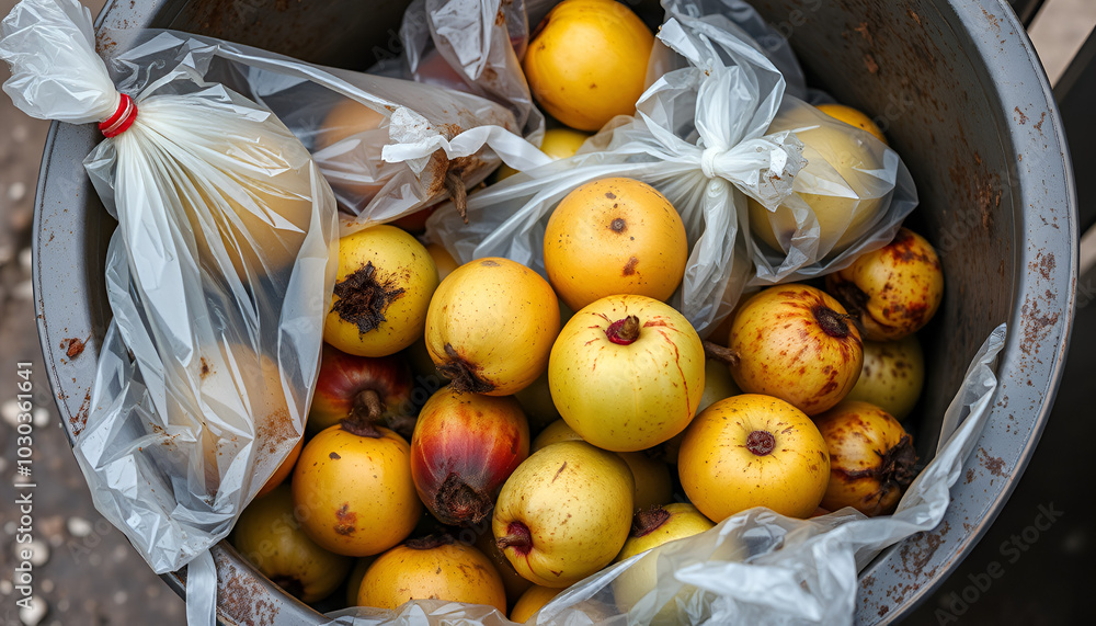 Disgusting trash bin with rotting fruits and plastic bags. An ...