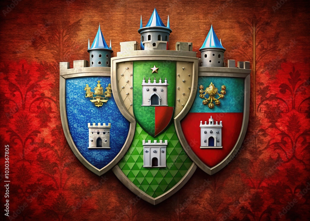 Illuminated ornate shield with seven castles and five blue shields ...