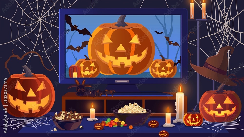 A flat design of a Halloween horror movie night setup, featuring a ...