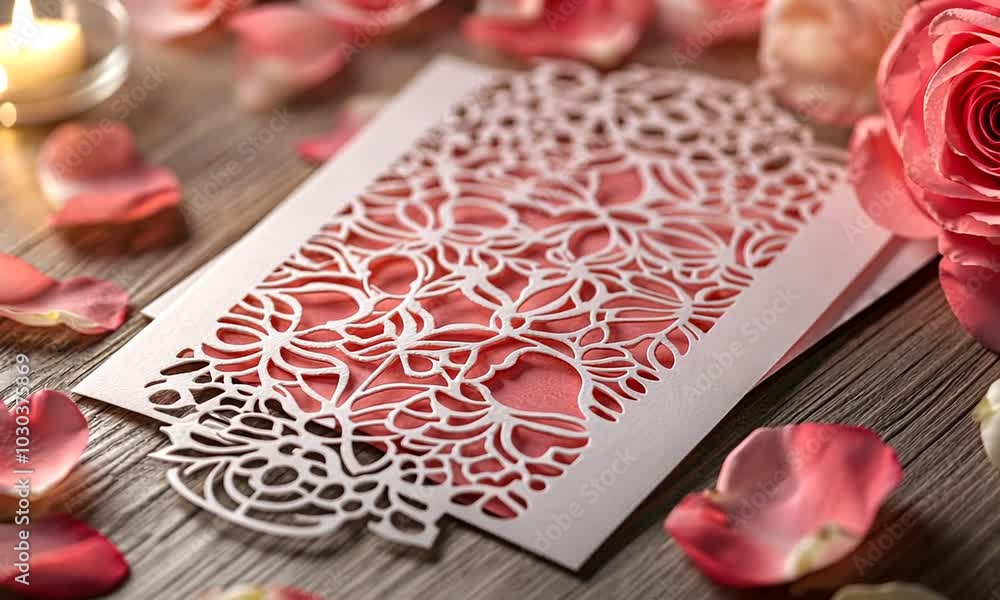 Close-up of a white laser cut wedding invitation with pink rose petals ...